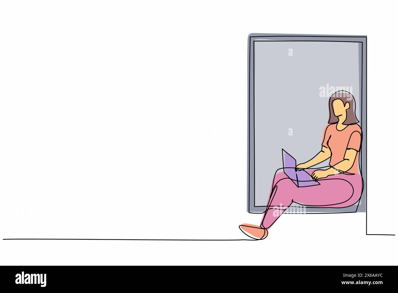 Continuous one line drawing young woman sitting on windowsill and ...