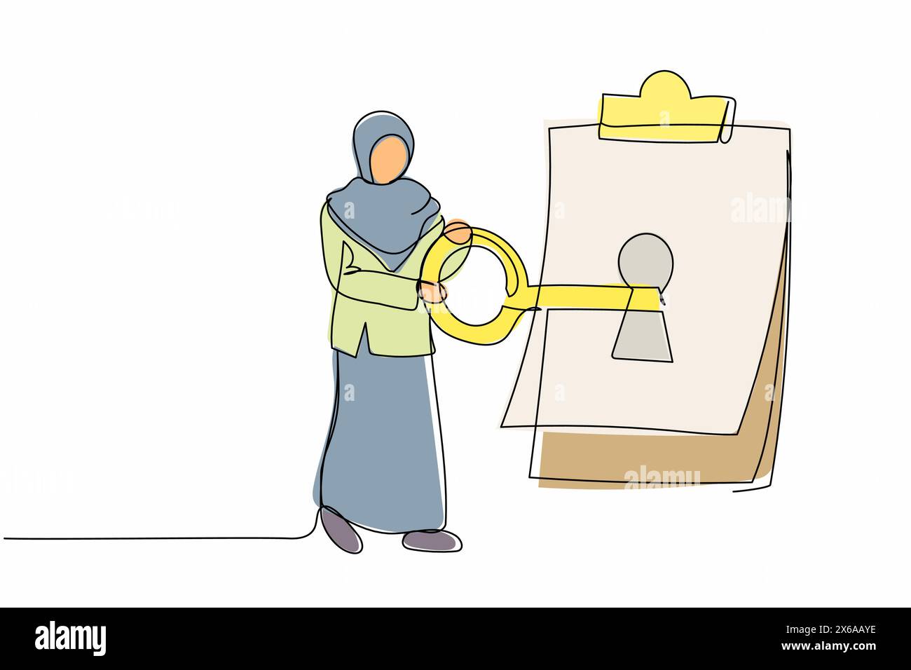 Continuous one line drawing Arab businesswoman put key into clipboard ...