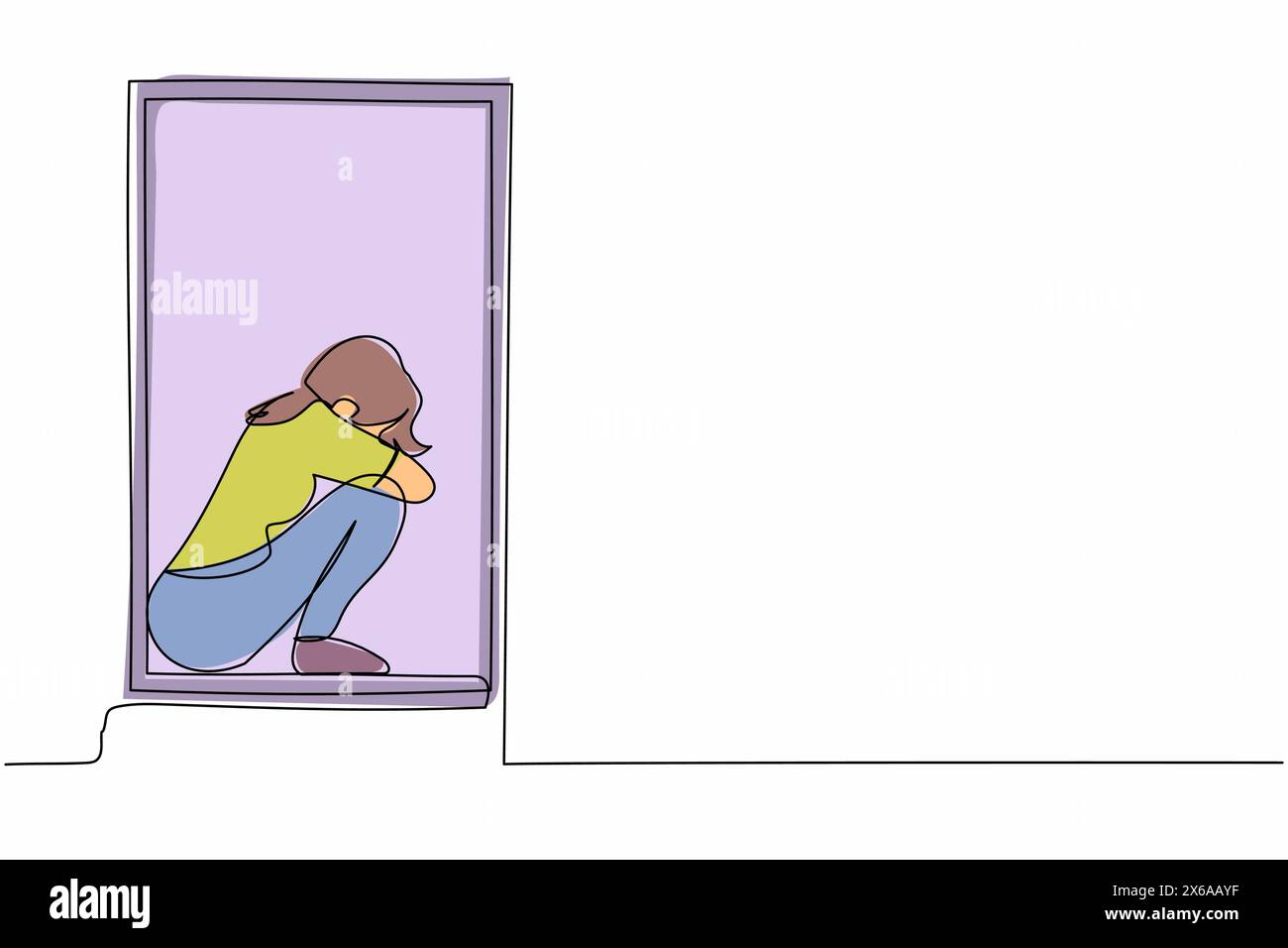 Single continuous line drawing desperate young woman sitting on ...