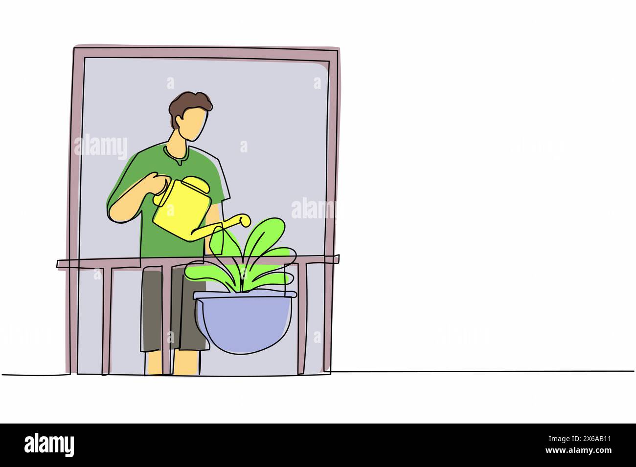 Single one line drawing man watering flowers on the balcony. Young guy ...