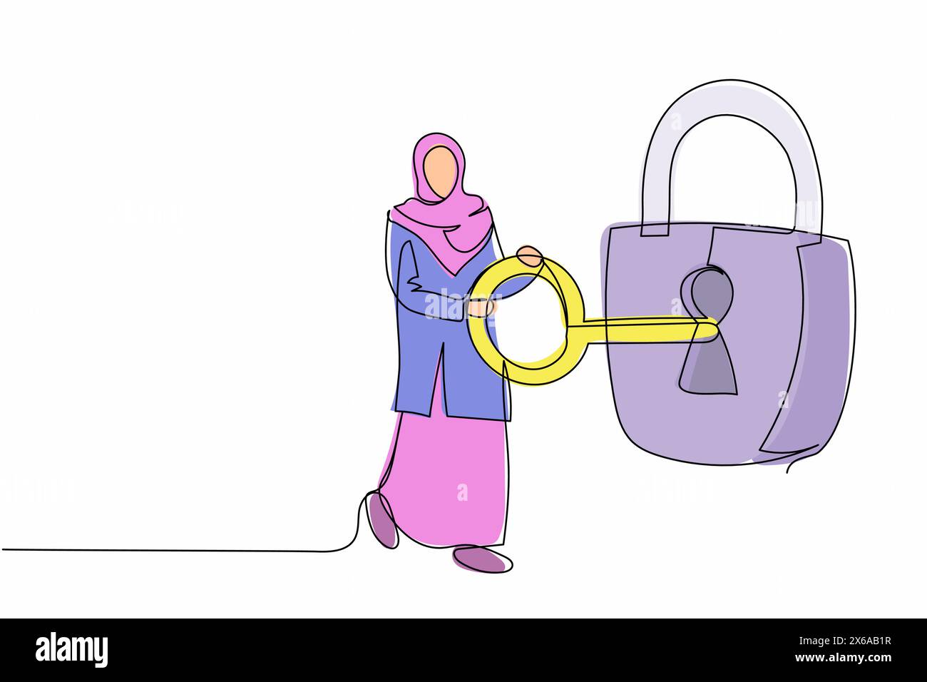 Continuous one line drawing Arab businesswoman put key into padlock ...