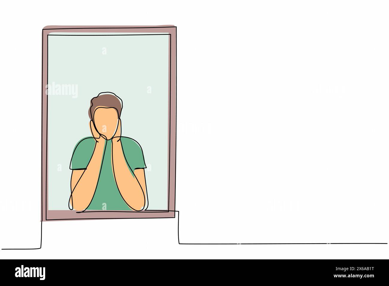 Single one line drawing man sitting sadly with support the chin near ...