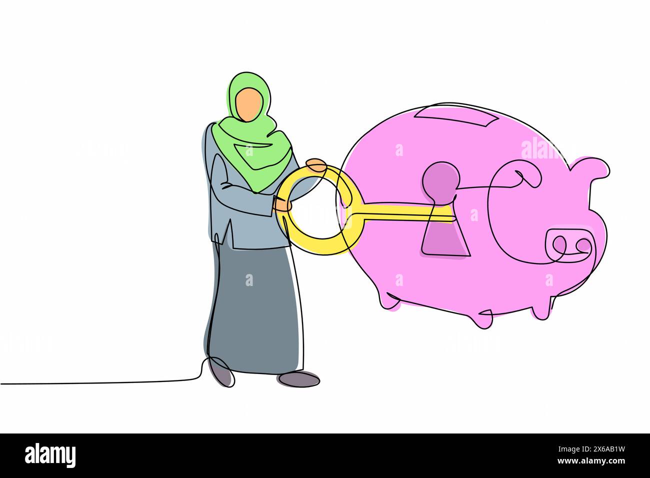 Single one line drawing Arab businesswoman put key into piggy bank ...