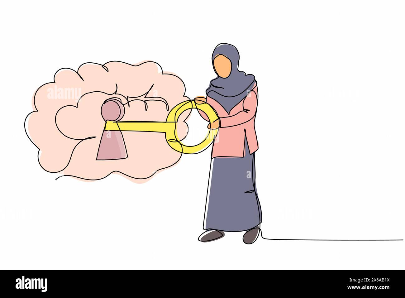 Single continuous line drawing Arabian businesswoman put key into brain ...