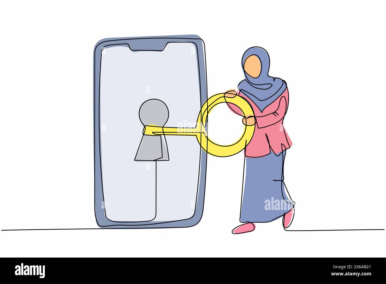 Single one line drawing Arabian businesswoman put key into smartphone ...