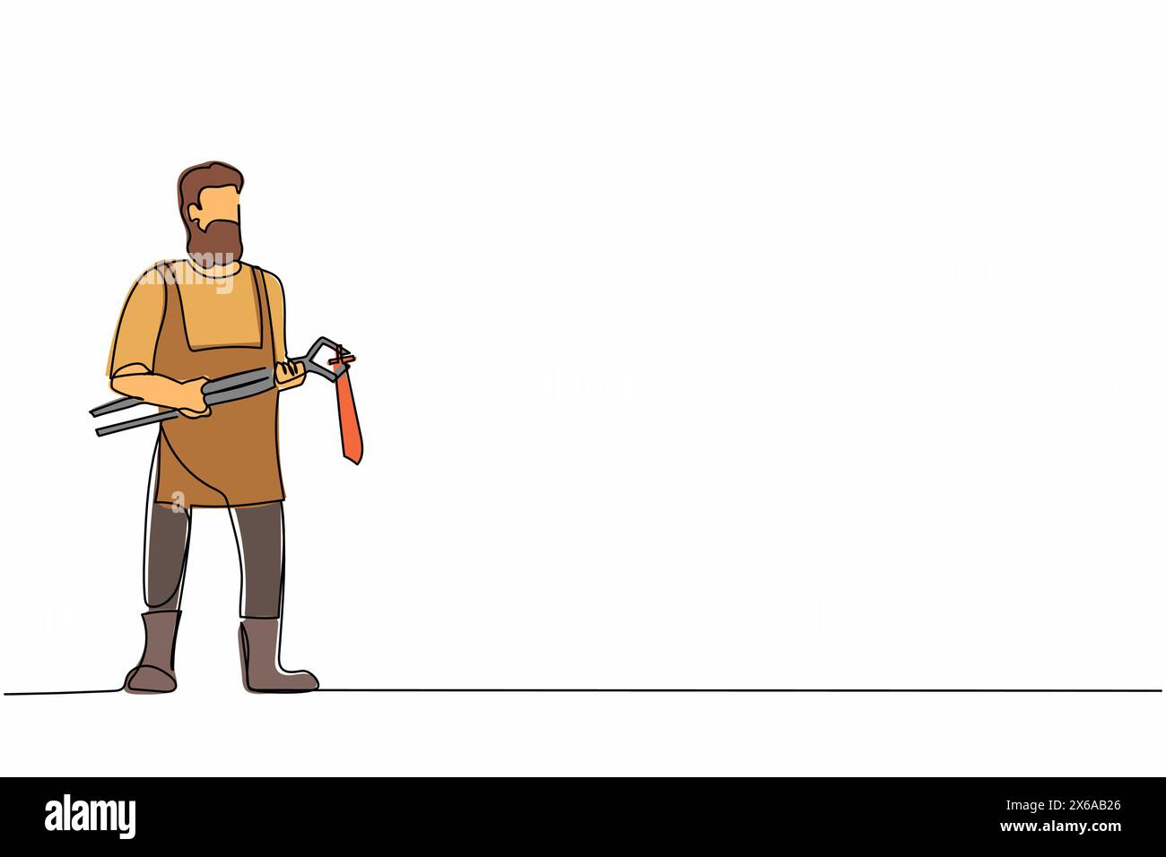 Single one line drawing bearded blacksmith wearing apron standing ...