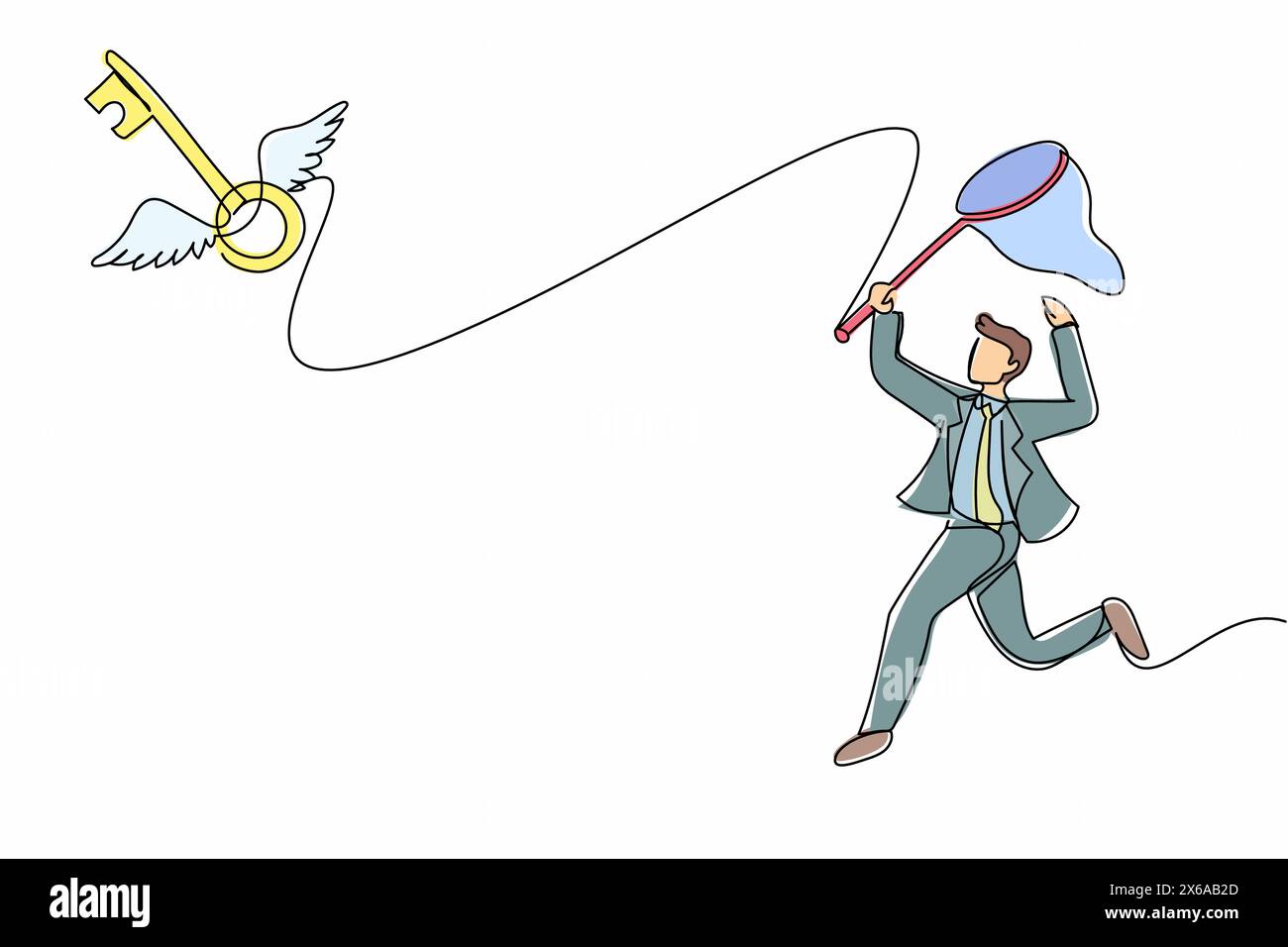 Single continuous line drawing businessman try to catching flying key ...