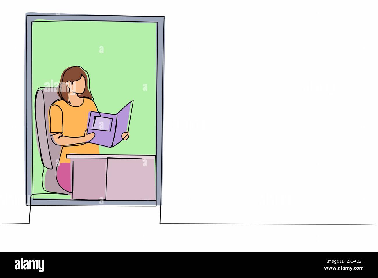 Single continuous line drawing young woman reading book. Businesswoman ...