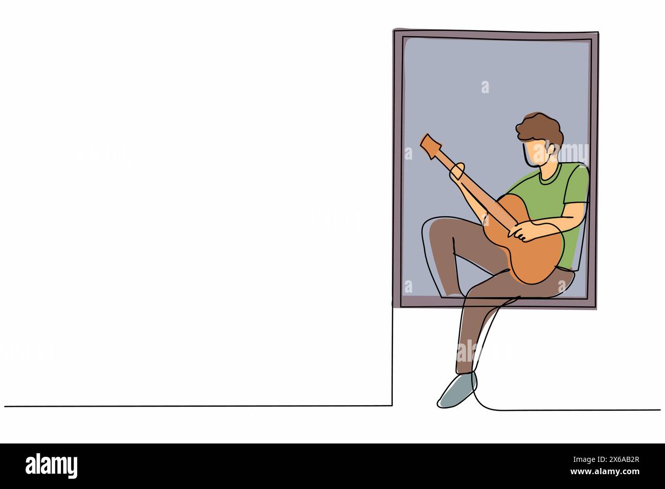 Continuous one line drawing young man sits on windowsill playing guitar ...