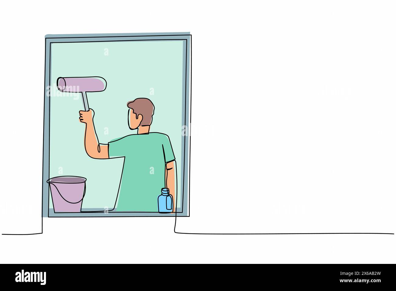 Single continuous line drawing man cleaning windows with glass cleaner ...