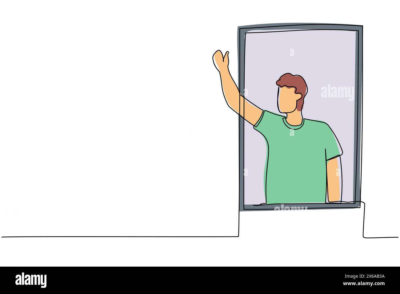 Single continuous line drawing young male waving at window as look like ...