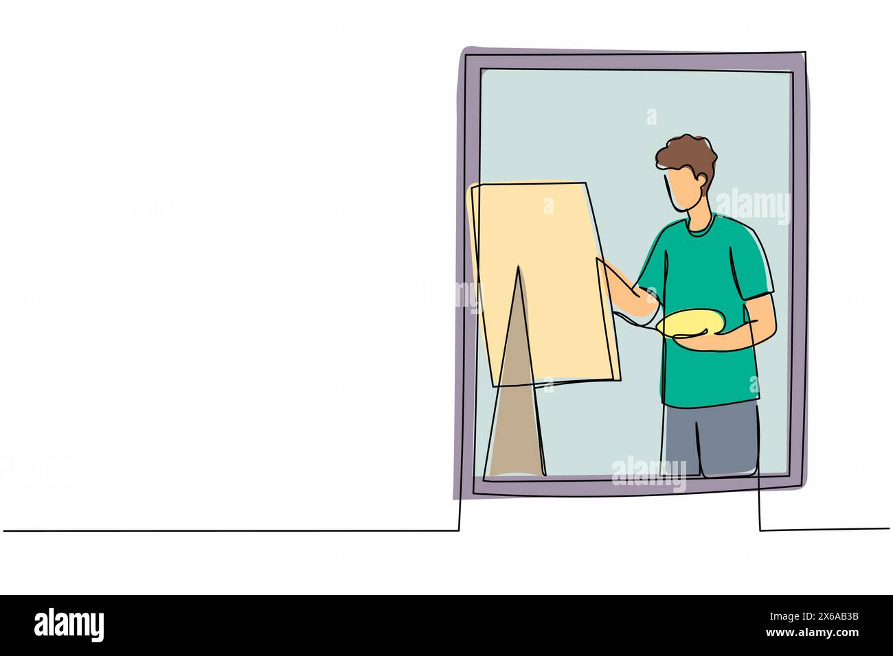 Single one line drawing man painter drawing indoor near window. Male ...