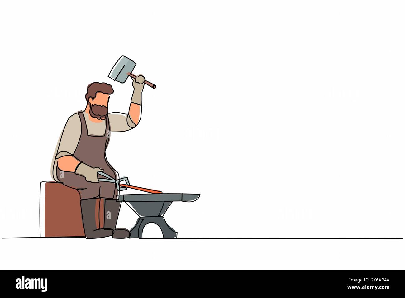 Continuous one line drawing bearded blacksmith sitting wearing apron ...