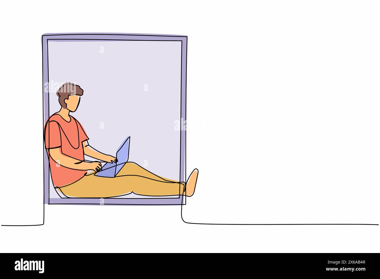 Single continuous line drawing man freelancer sitting on windowsill ...