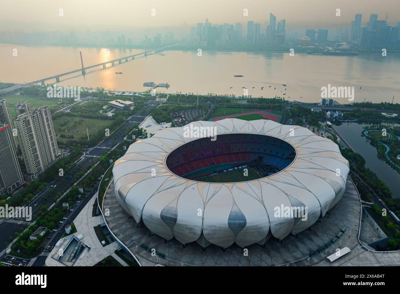 Drone flyover of the Hangzhou Olympic Sports Center Stadium in Hangzhou ...