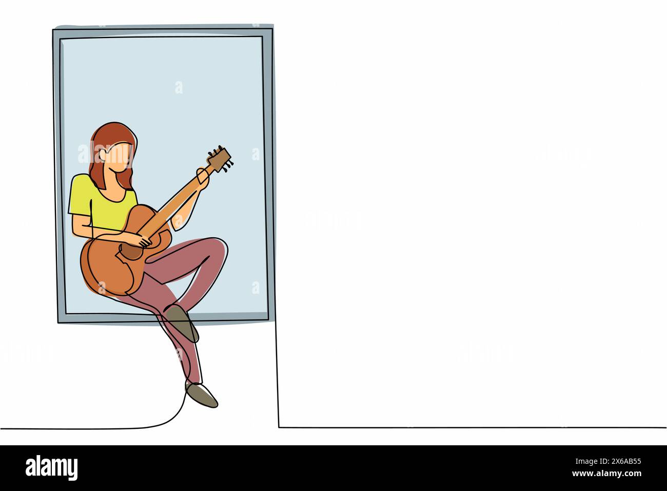 Single continuous line drawing young woman sitting on windowsill and ...