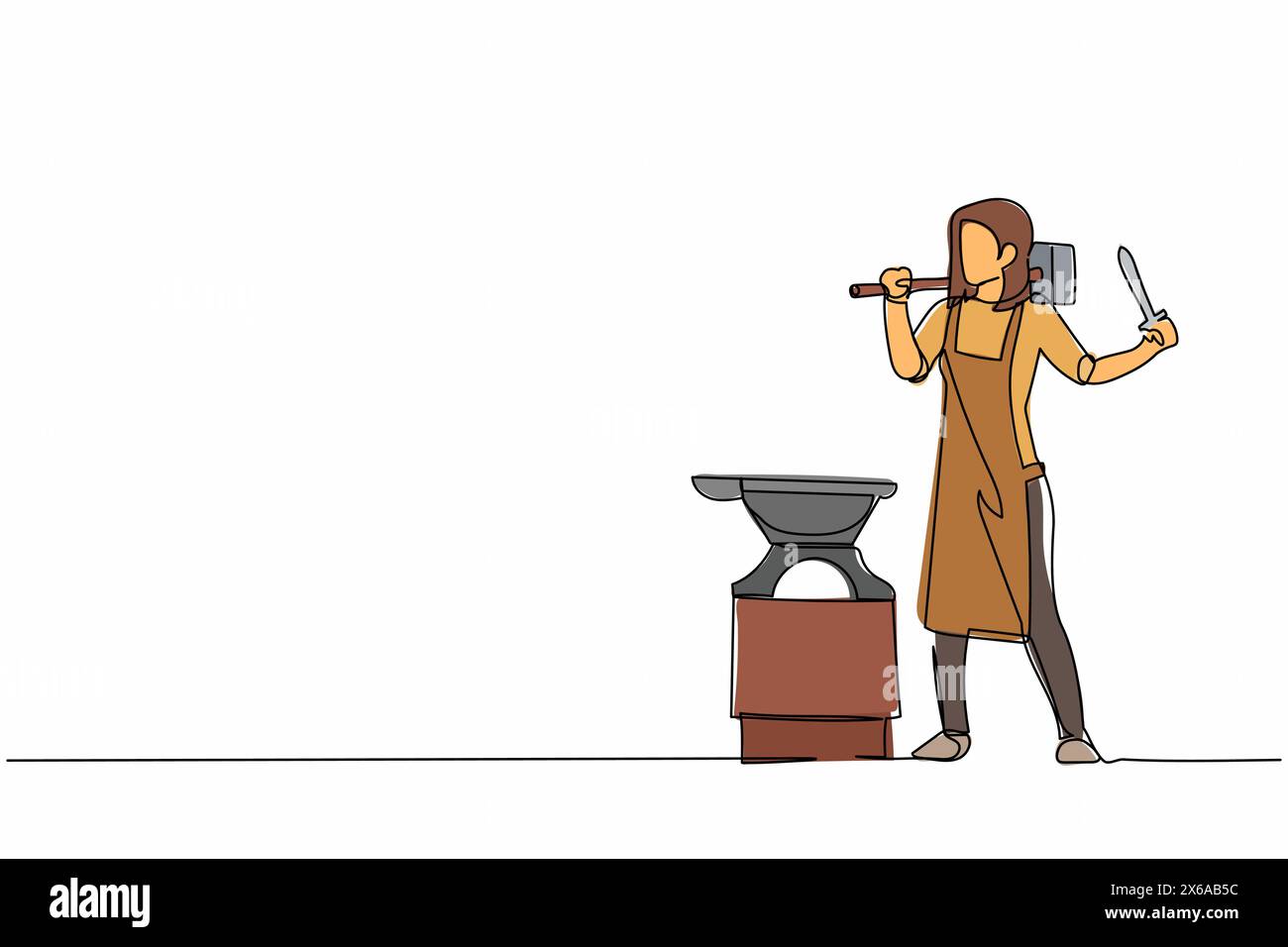 Single one line drawing female blacksmith standing in front of anvil ...