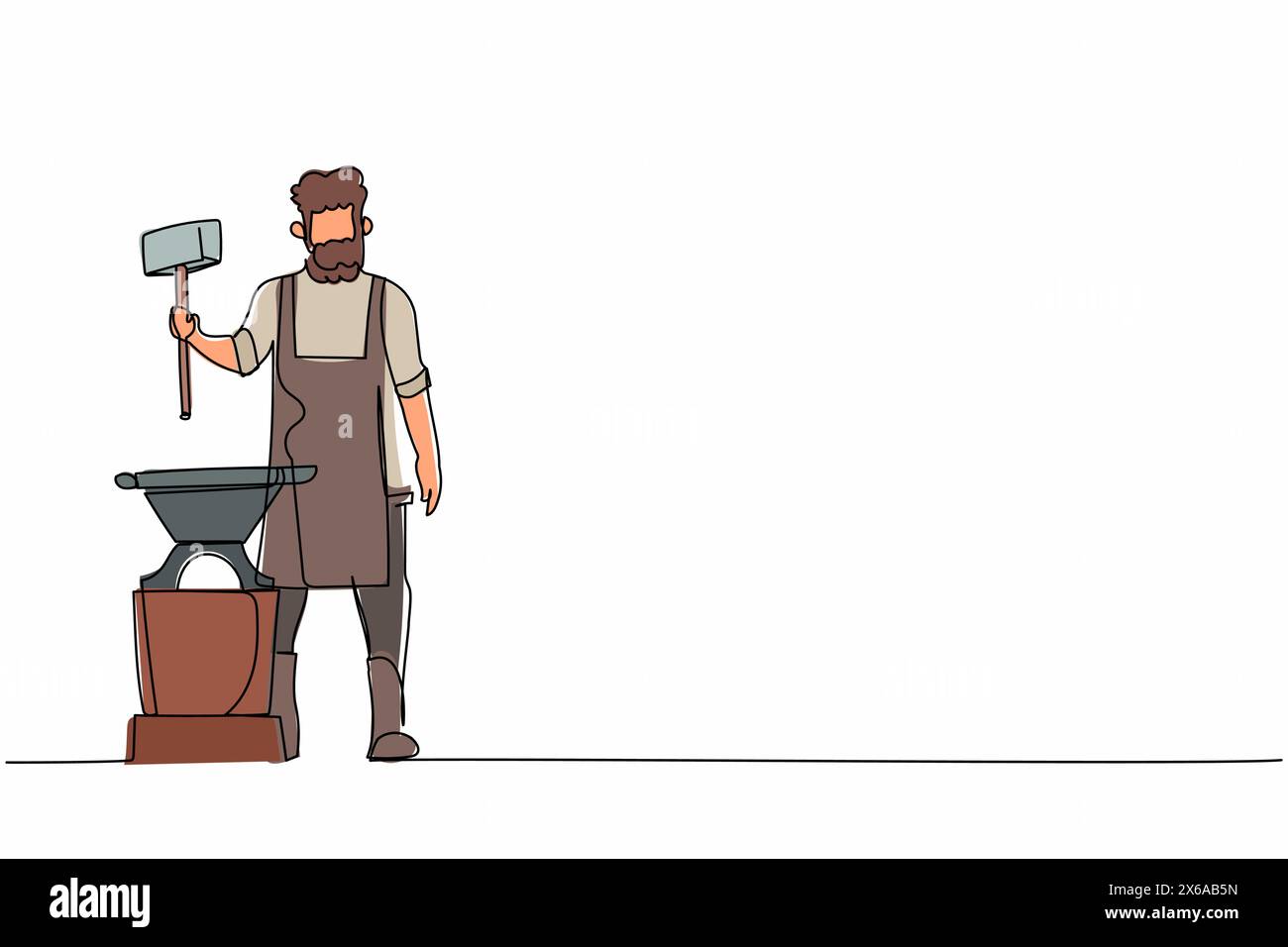 Single continuous line drawing bearded blacksmith wearing apron ...