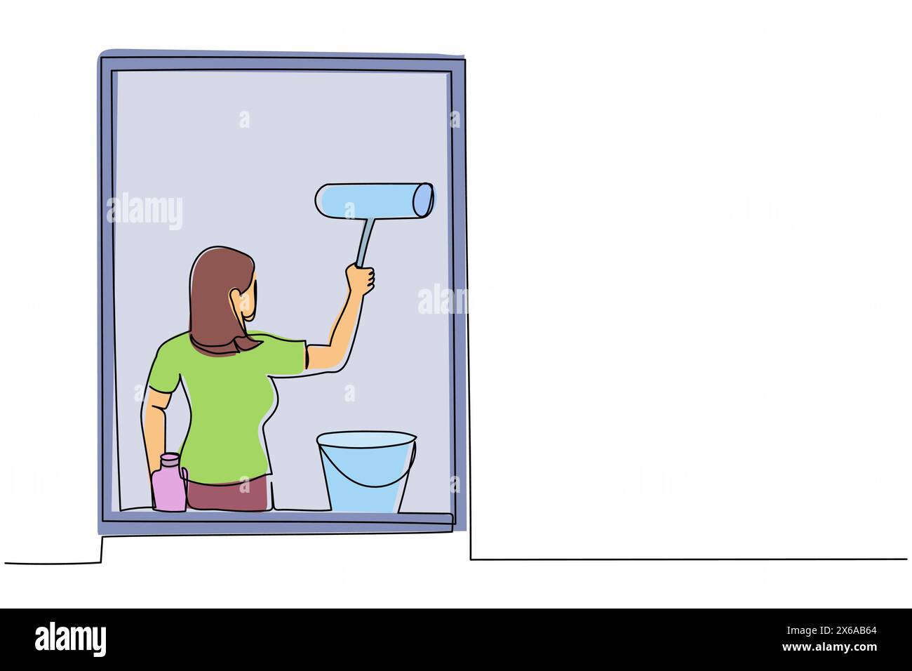 Single continuous line drawing young woman cleaning windows with glass ...