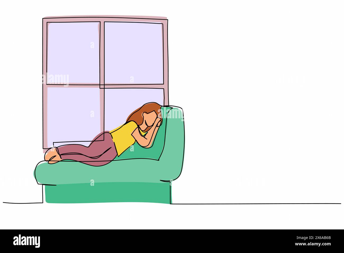 Single one line drawing young woman lying on windowsill at home. Female ...