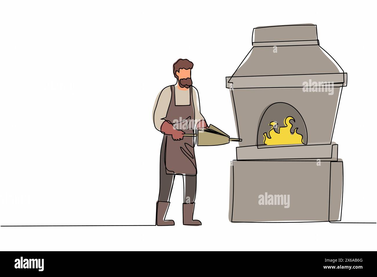 Continuous one line drawing bearded blacksmith standing wearing apron ...