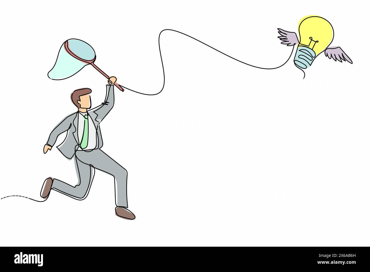 Continuous one line drawing businessman try to catching flying light ...