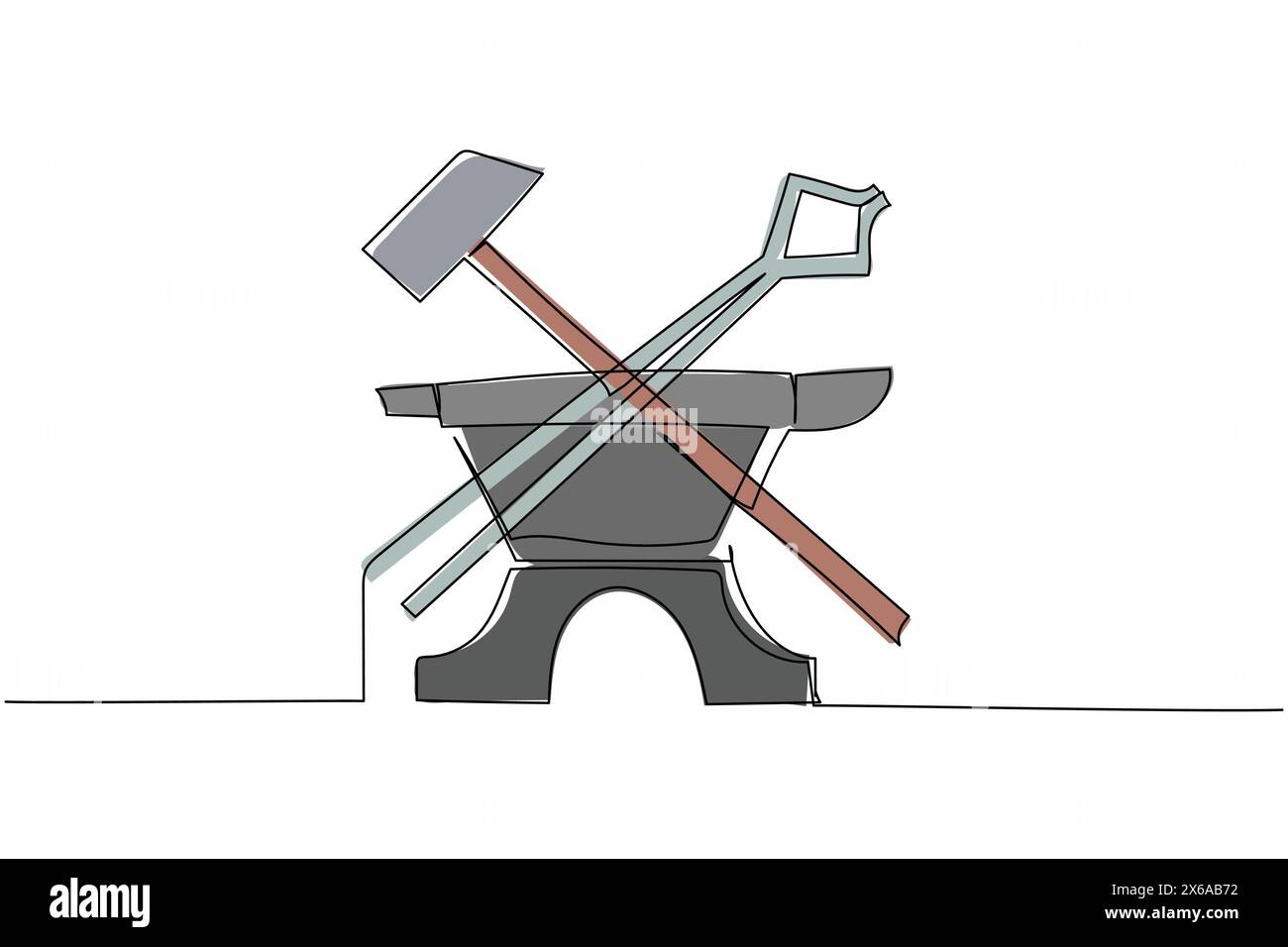Continuous one line drawing blacksmiths tools icon. Crossed hammer ...