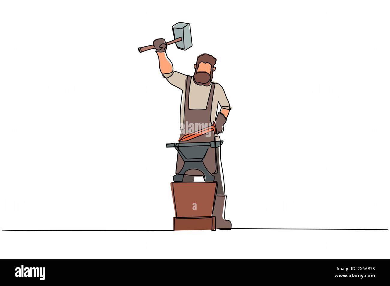 Continuous one line drawing bearded blacksmith forges small sword on ...