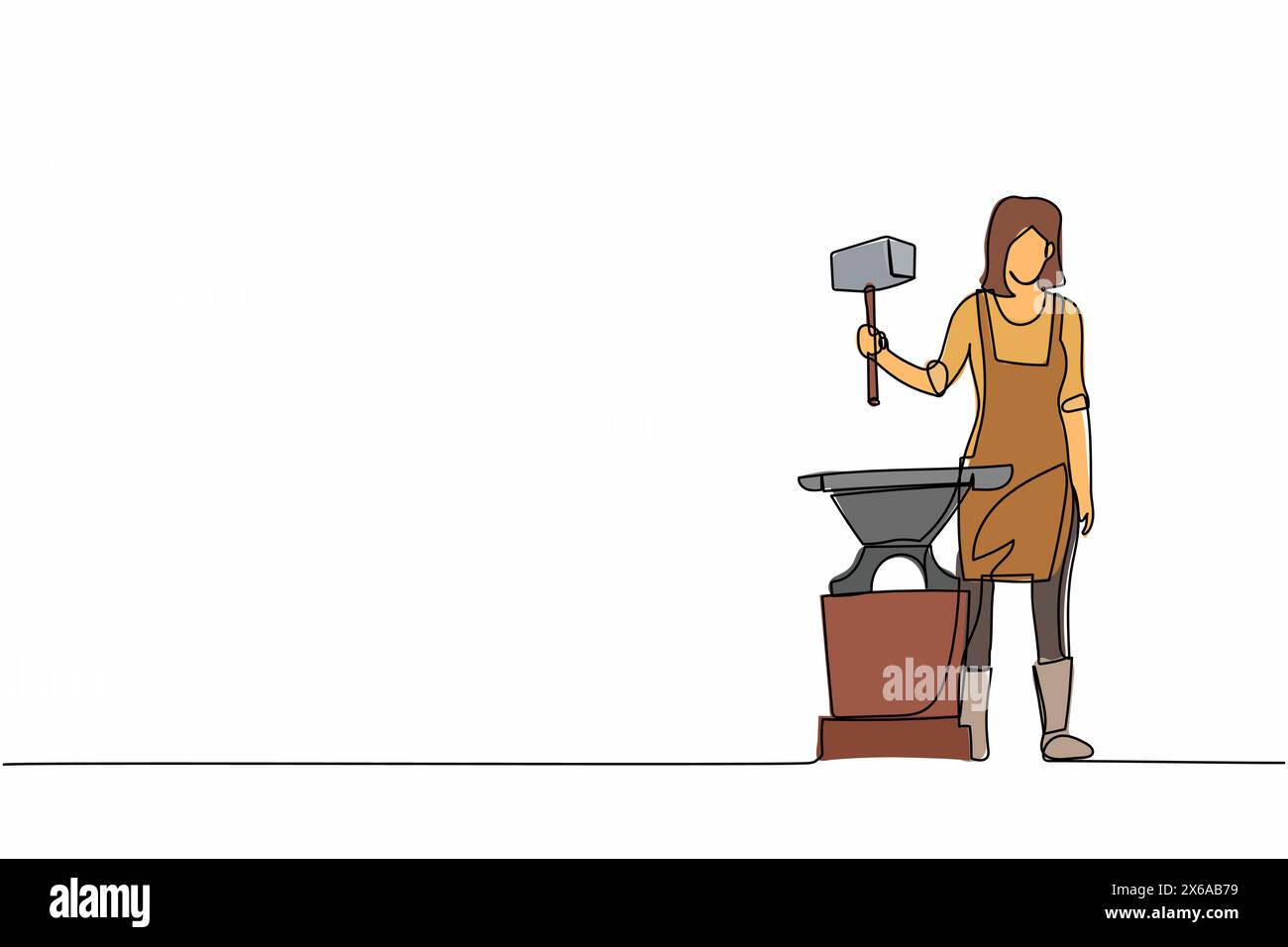 Continuous one line drawing female blacksmith wearing apron standing ...