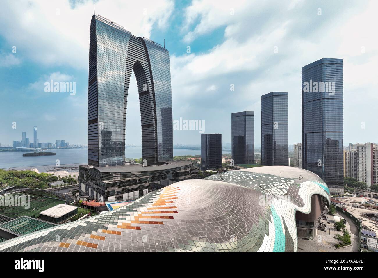 Drone flyover of the Gate to the East in Suzhou, China Stock Photo - Alamy