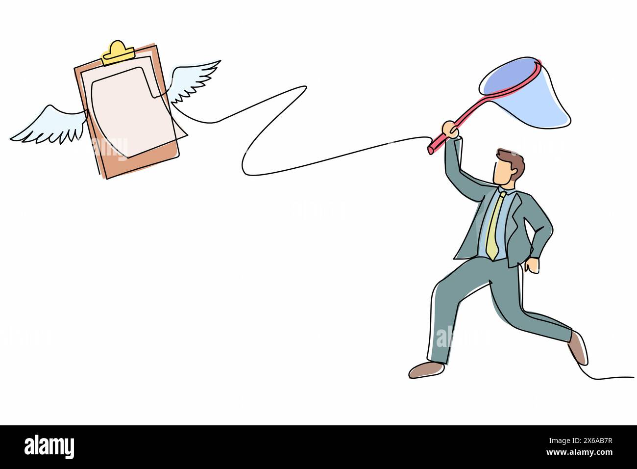 Single continuous line drawing businessman try to catching flying ...