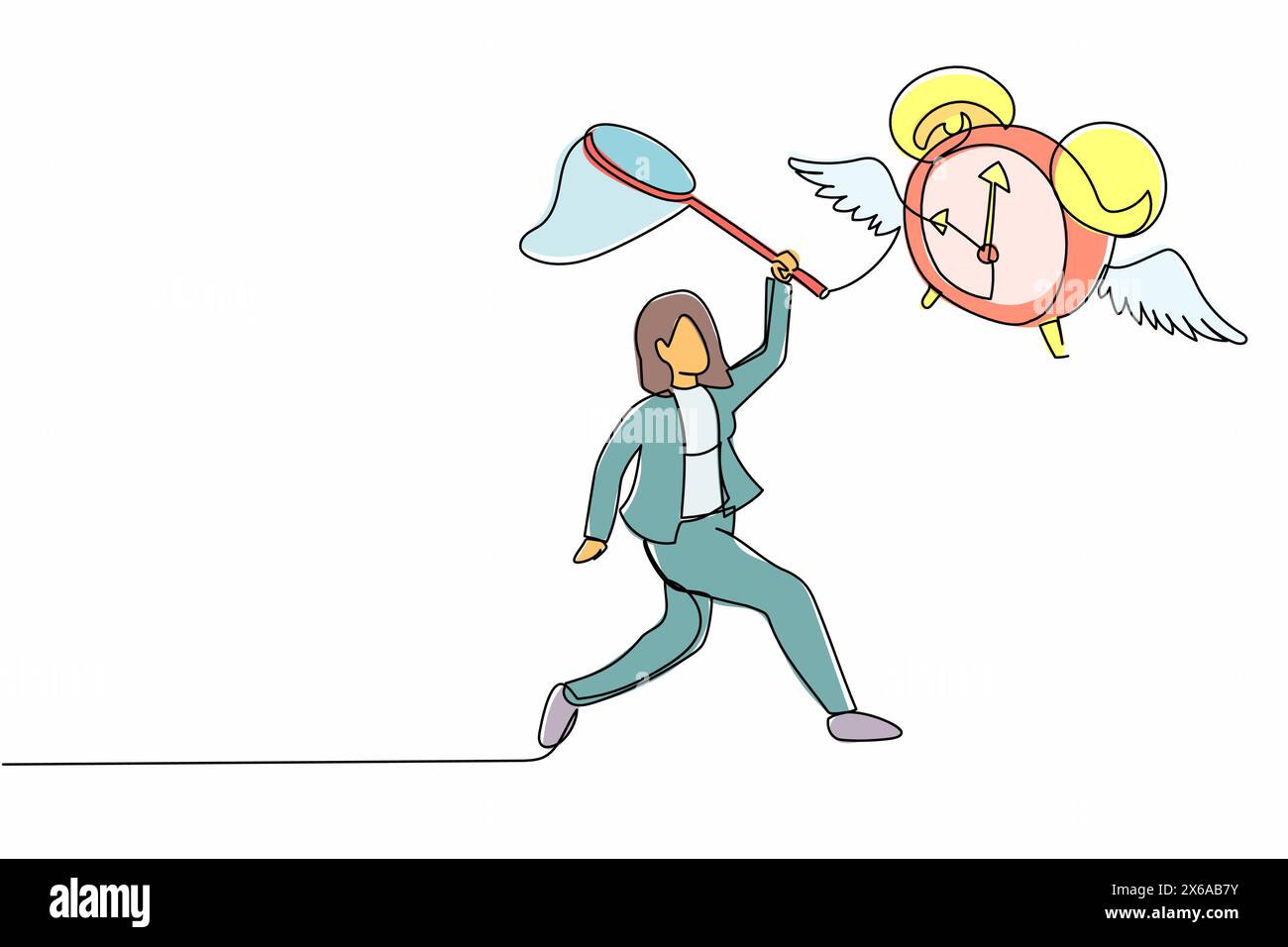 Continuous one line drawing businesswoman try to catching flying alarm ...