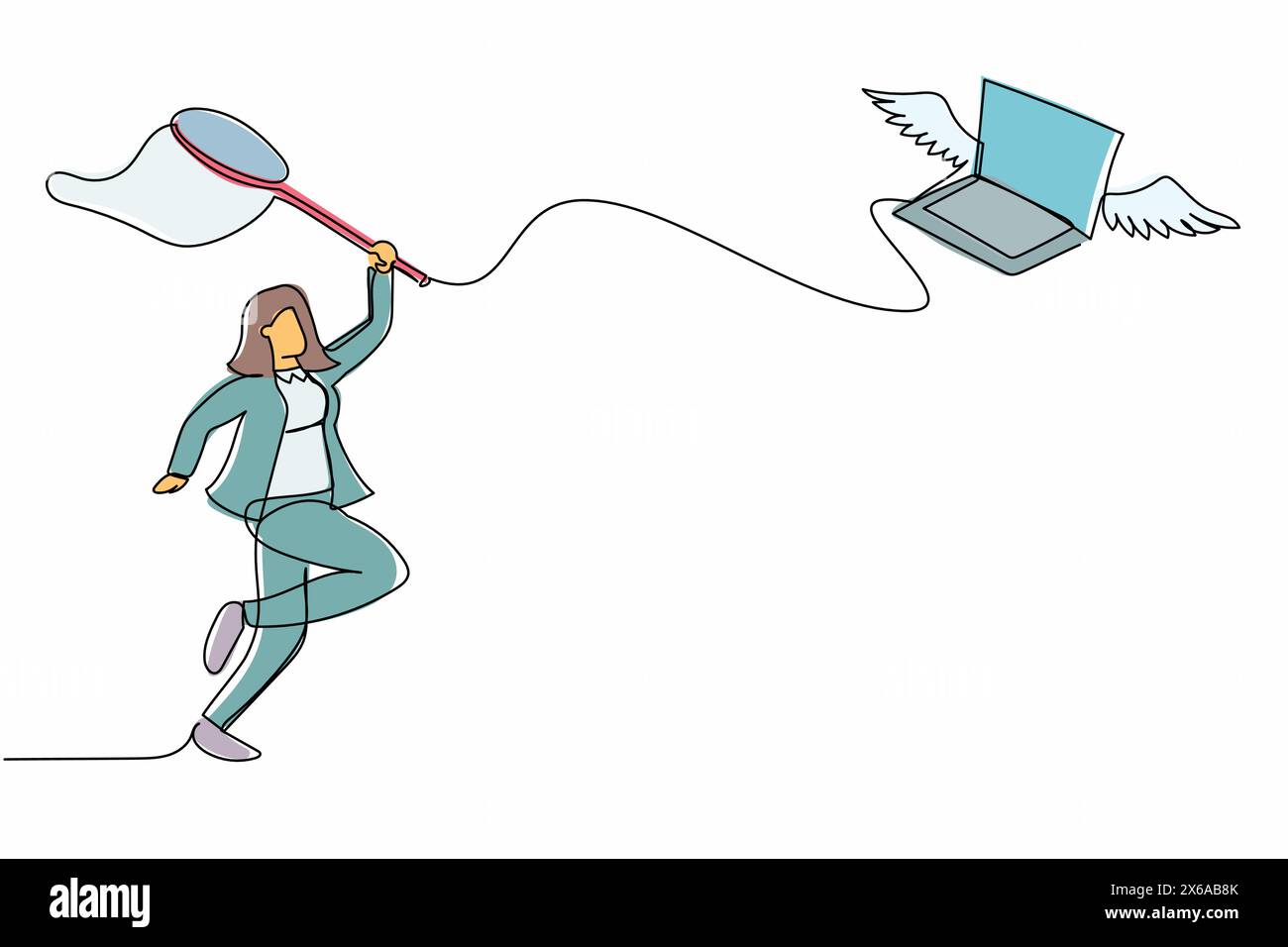Single one line drawing businesswoman try to catching flying laptop ...