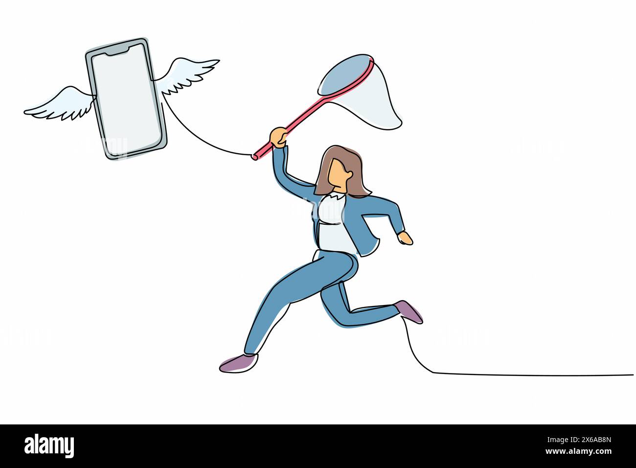 Continuous one line drawing businesswoman try to catch flying ...