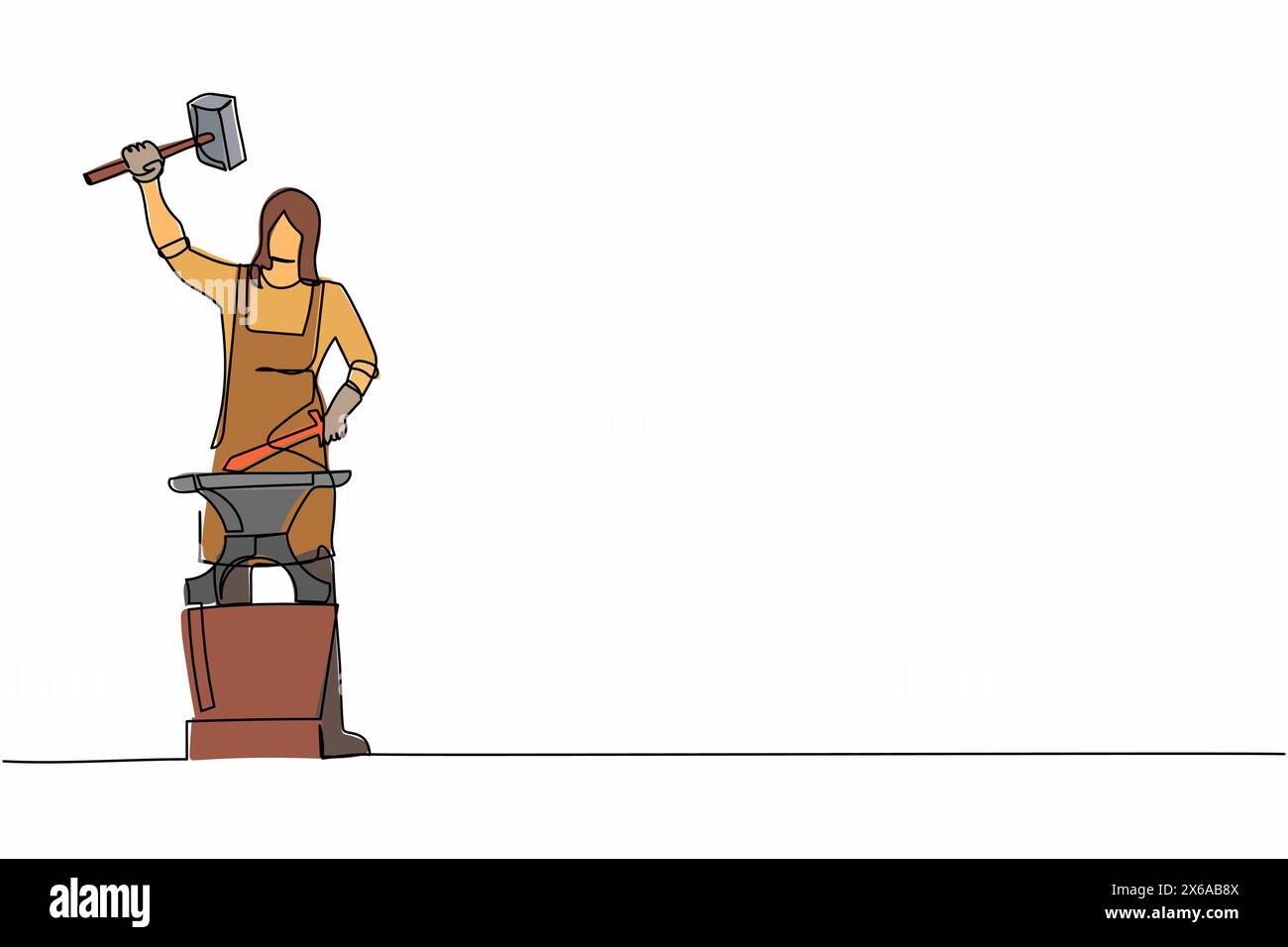 Single one line drawing female blacksmith wearing apron forges small ...