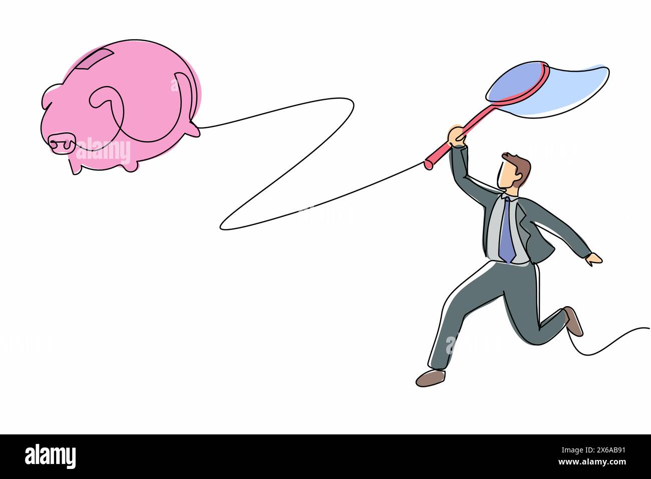 Continuous one line drawing businessman try to catching flying piggy ...