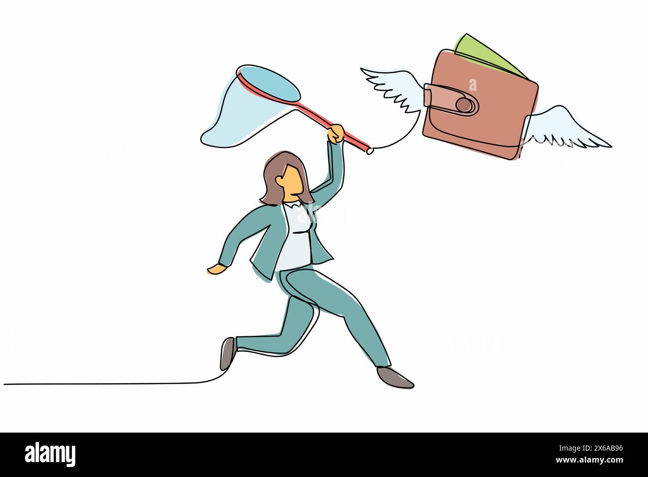 Single one line drawing businesswoman try to catching flying wallet ...