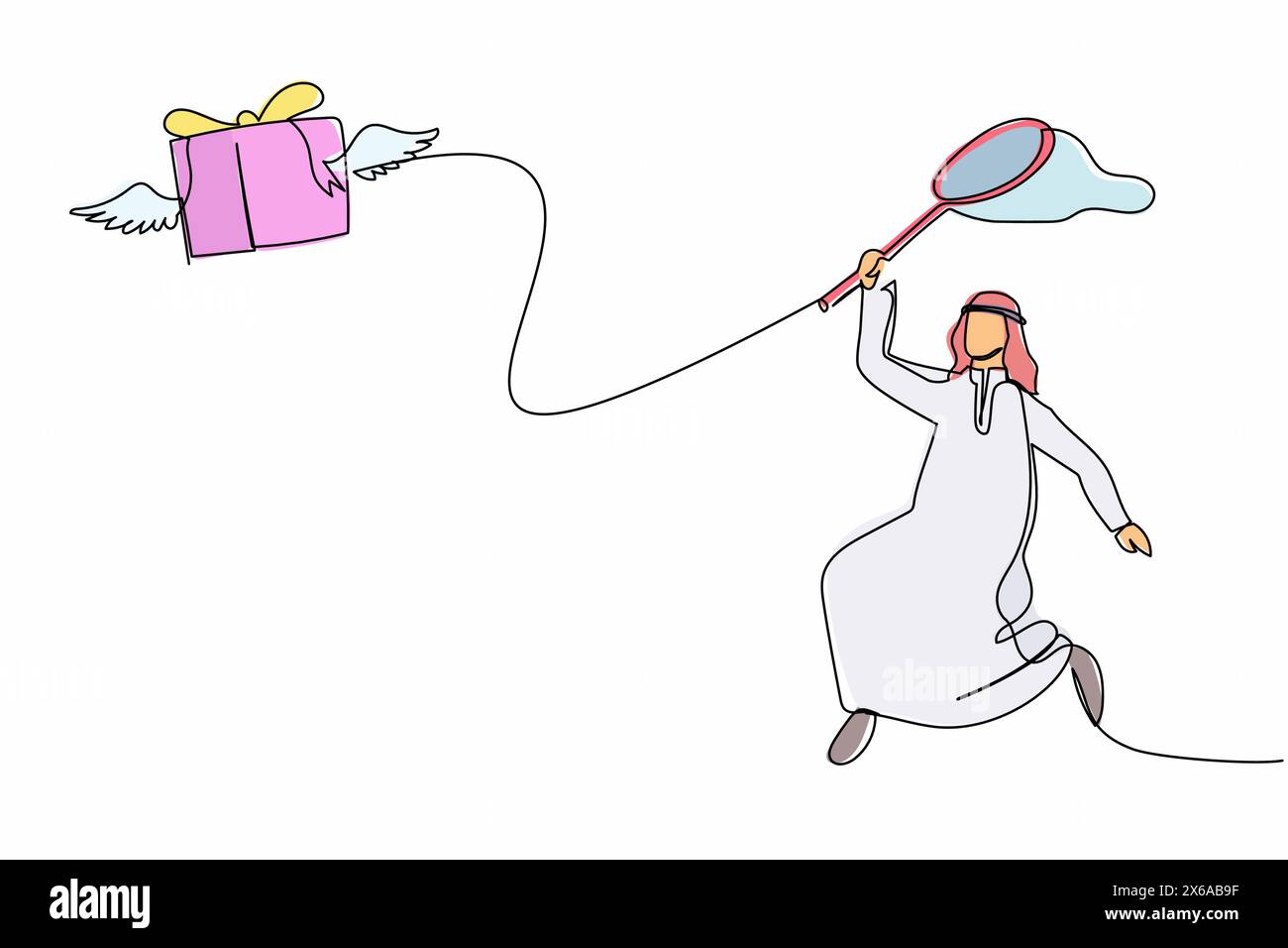 Single one line drawing Arabian businessman try to catching flying gift ...
