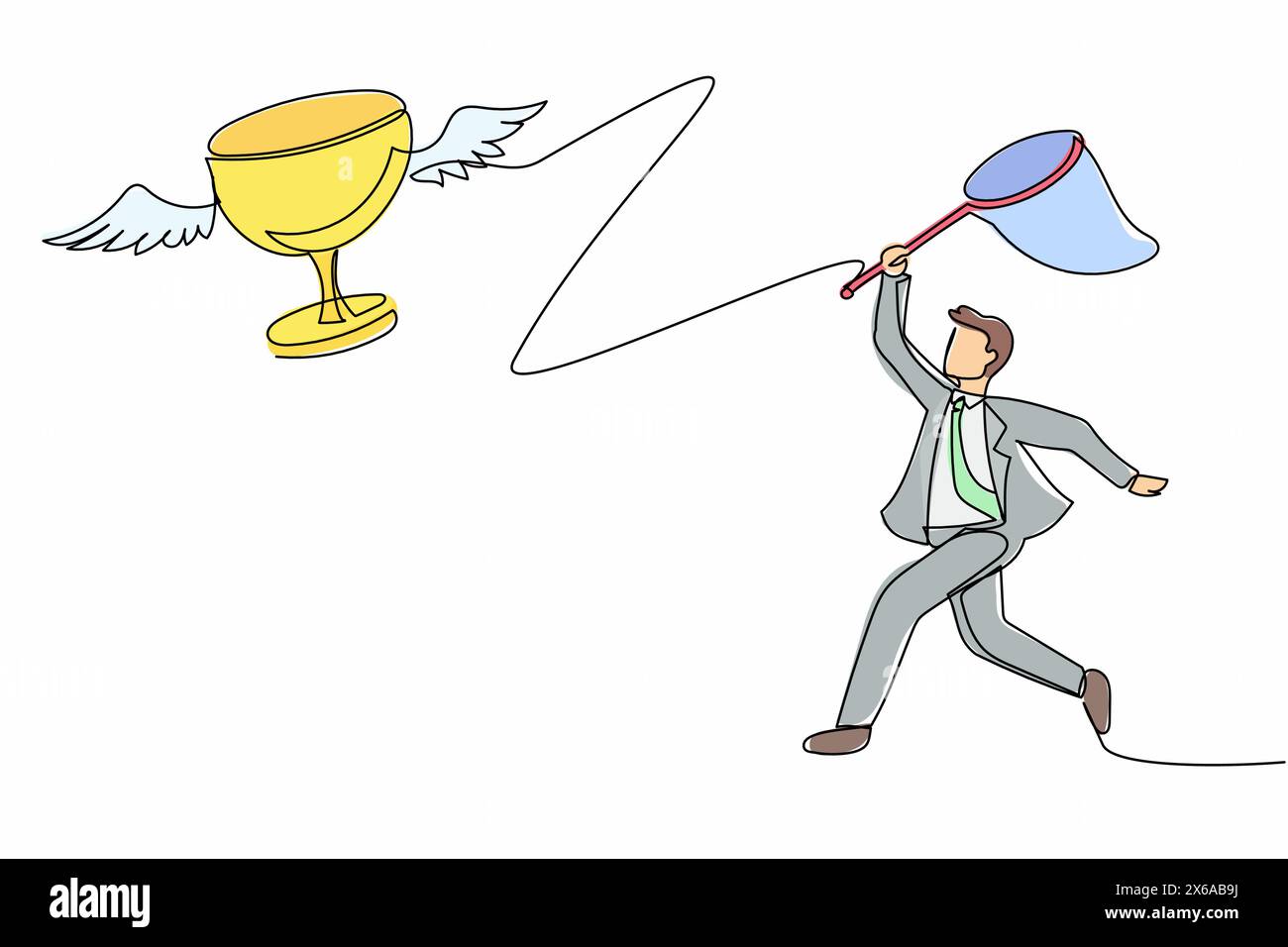 Continuous one line drawing businessman try to catching flying trophy ...