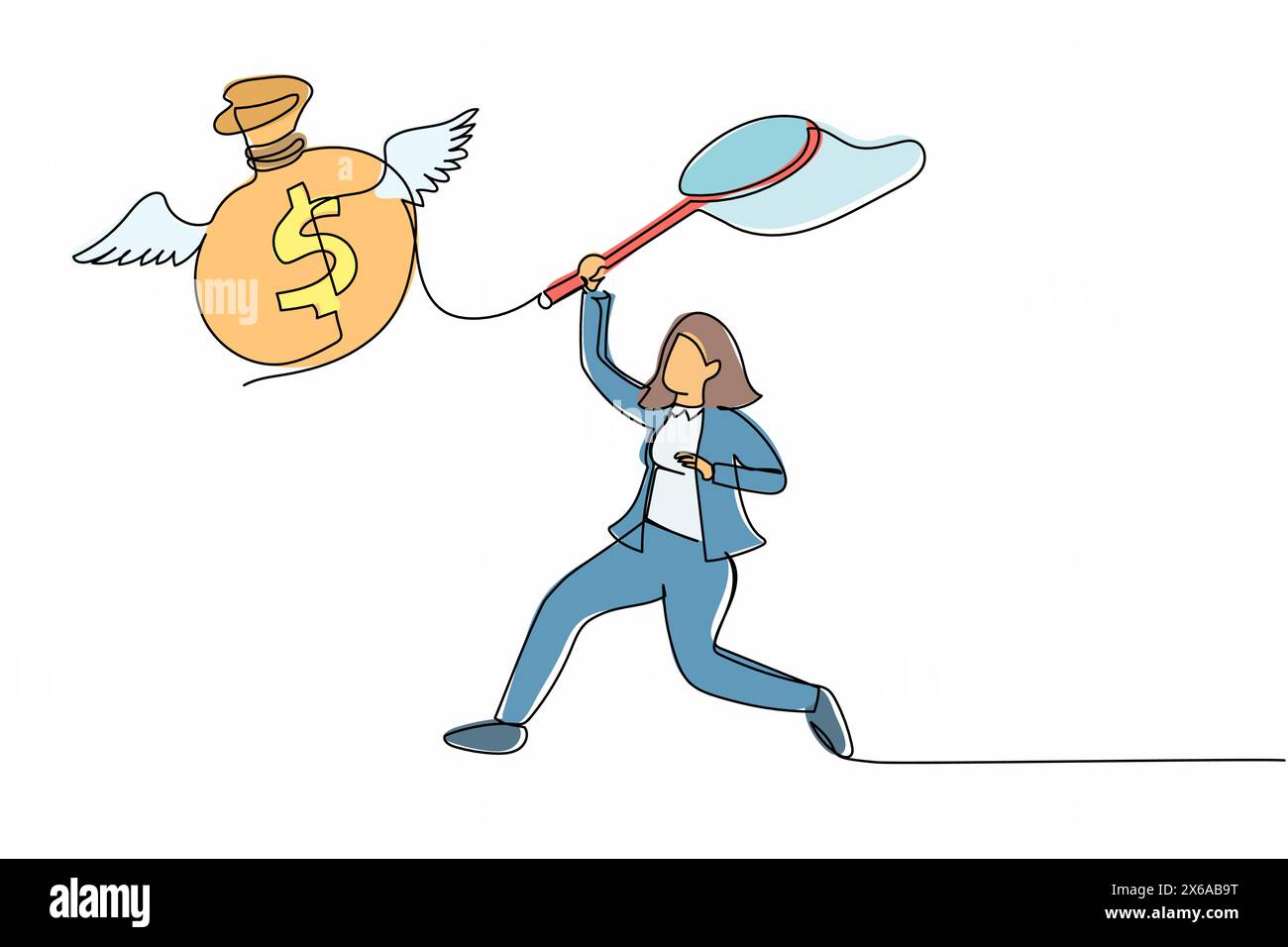 Single continuous line drawing businesswoman try to catching flying ...