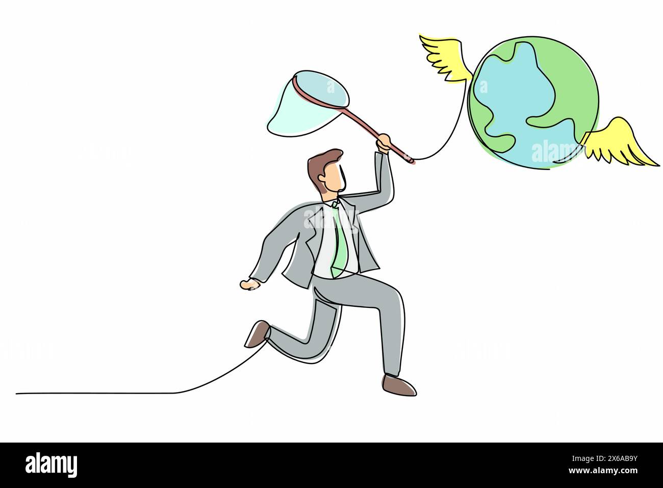 Single continuous line drawing businessman try to catching flying globe ...