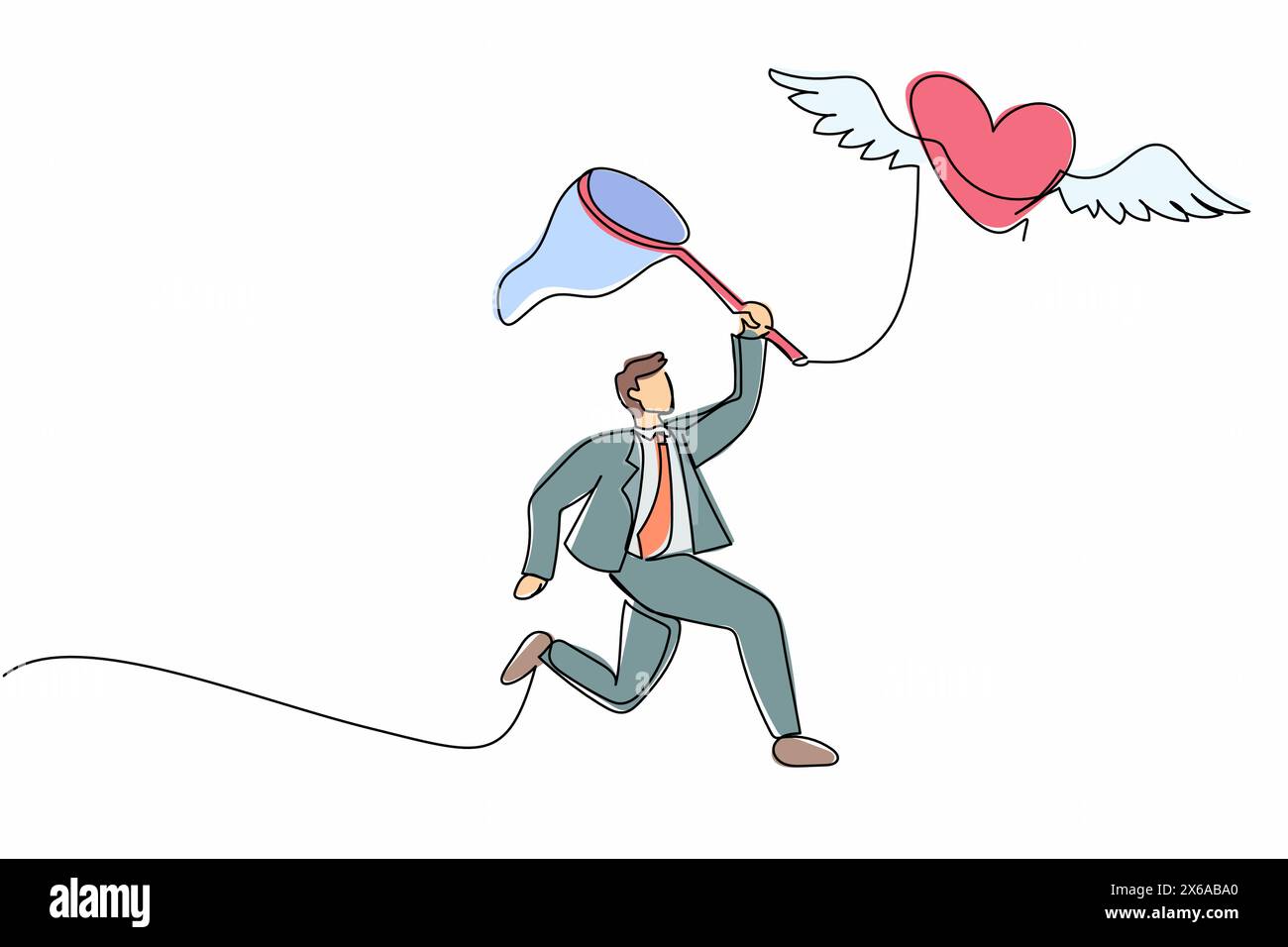 Single one line drawing businessman try to catching flying heart with ...