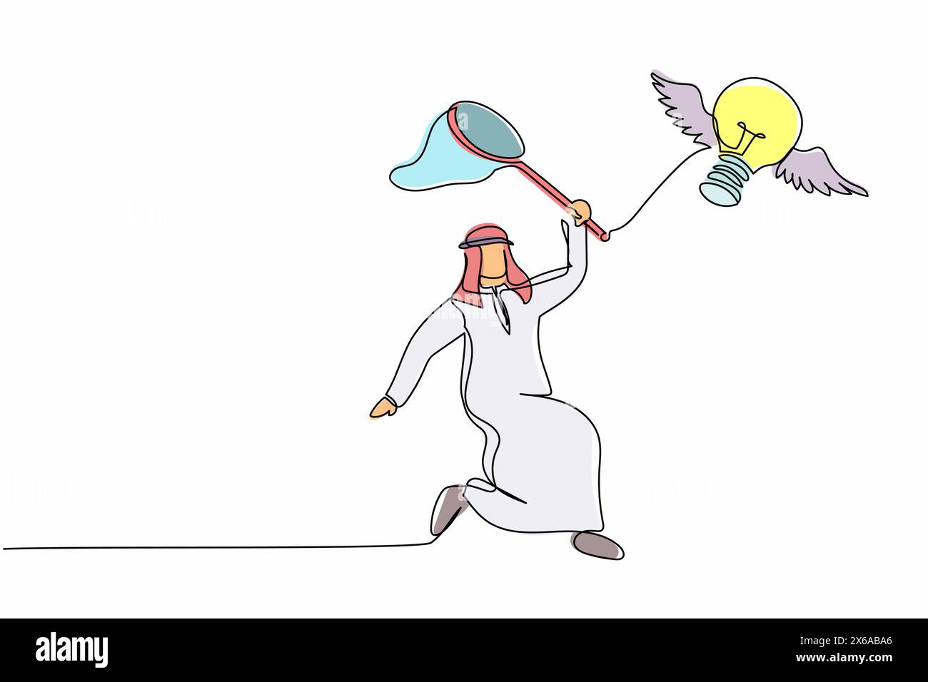 Continuous one line drawing Arab businessman try to catching flying ...