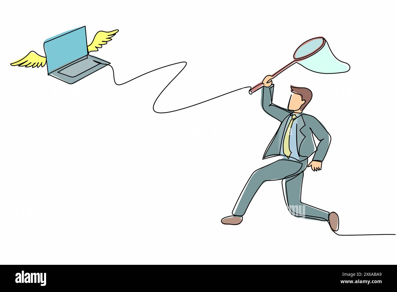 Single one line drawing attractive businessman try to catching flying ...
