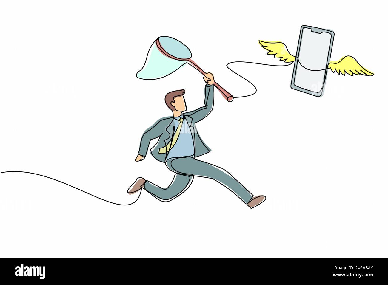 Single continuous line drawing businessman try to catching flying ...