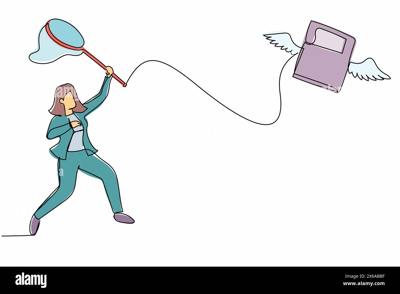 Single continuous line drawing businesswoman try to catching flying ...