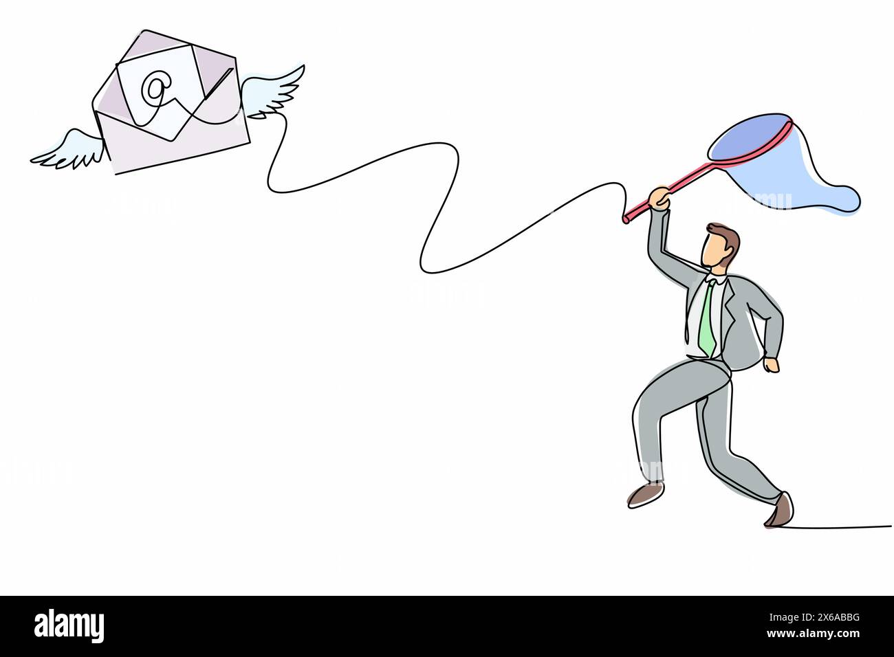 Continuous one line drawing businessman try to catching flying mail ...