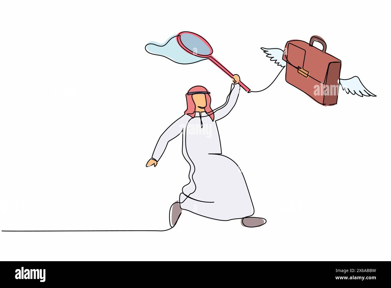 Continuous one line drawing Arab businessman try to catching flying ...