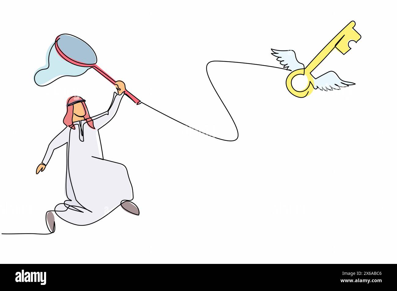 Continuous one line drawing Arabian businessman try to catching flying ...