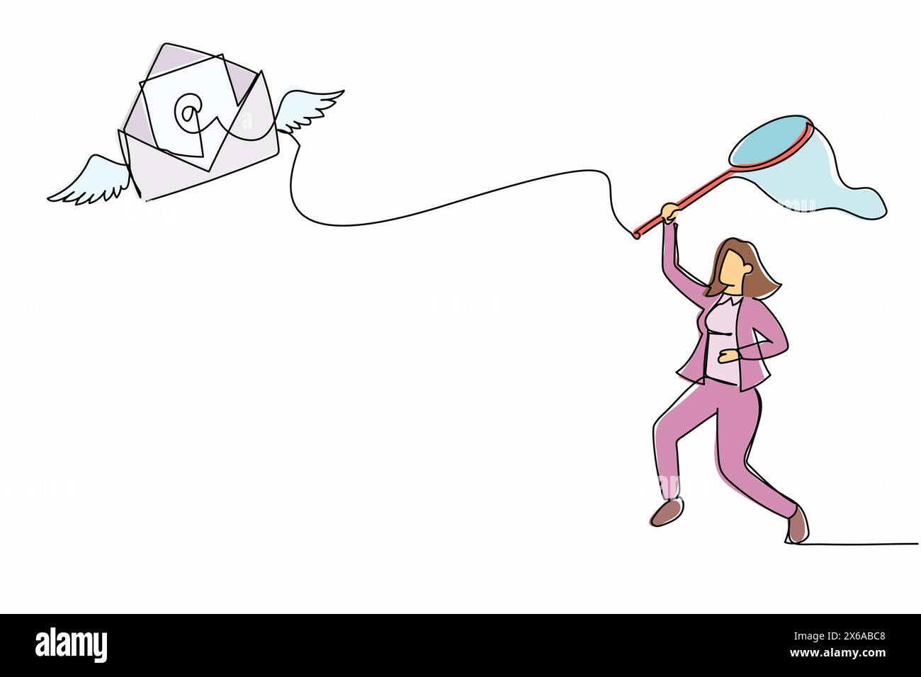 Single continuous line drawing businesswoman try to catching flying ...